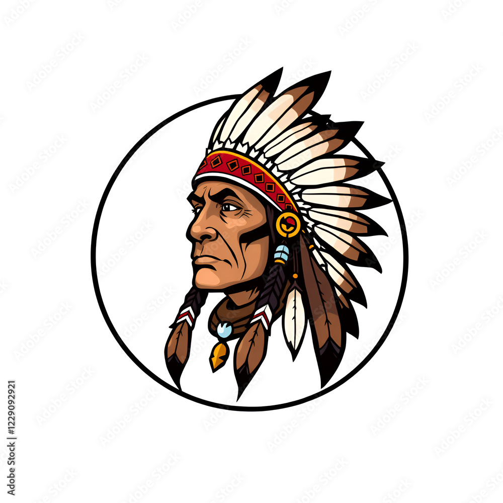 2D cartoon illustration of a Native American chief facing forward ...