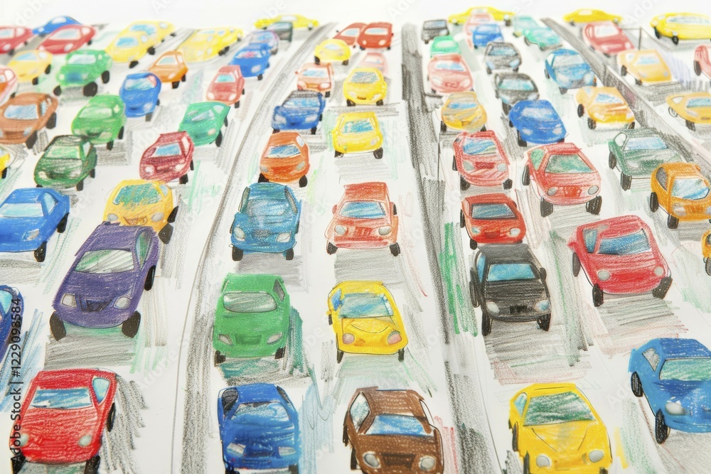 Ilustrace Cars standing in a traffic jam, drawing with coloured pencils ...