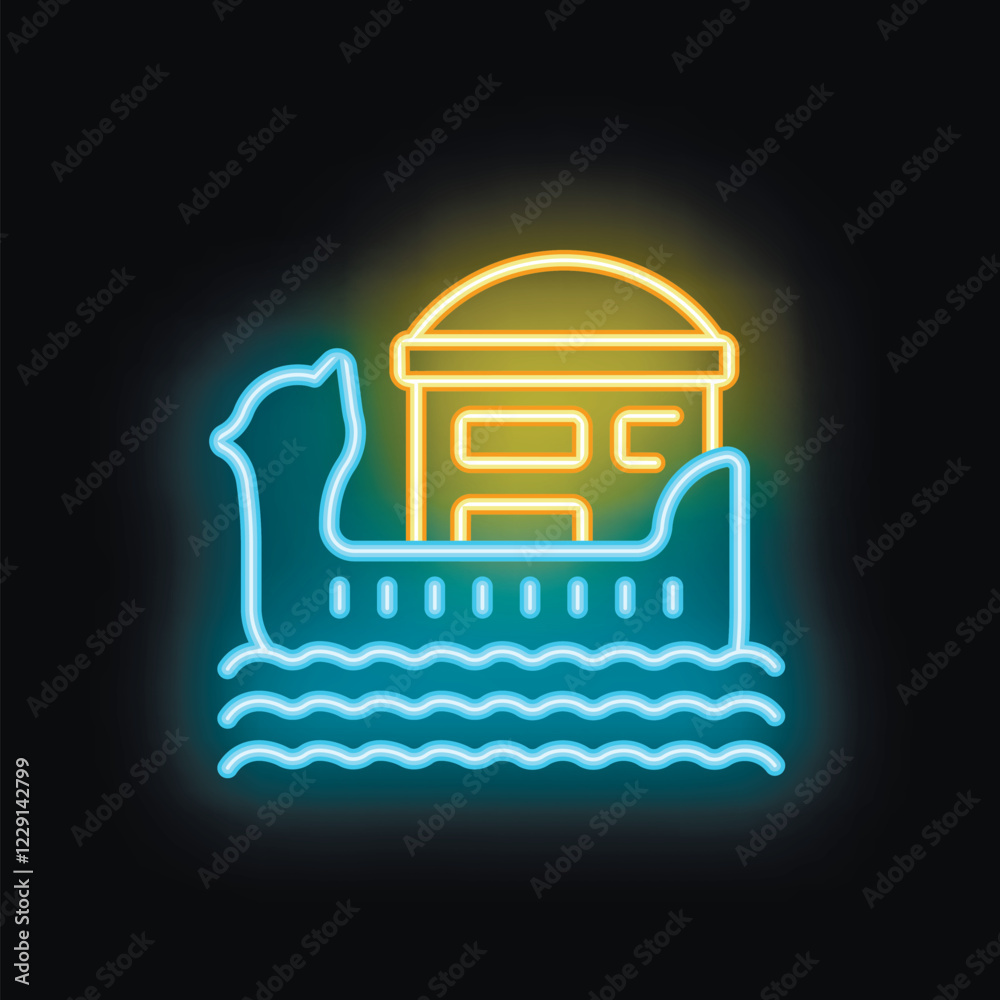 Glowing neon sign depicting noah's ark carrying a small house while ...