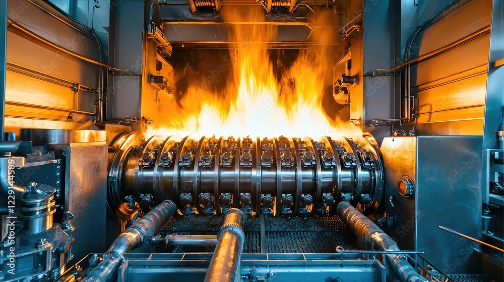 Industrial Gas Turbine Engine with Flames and High-Temperature ...