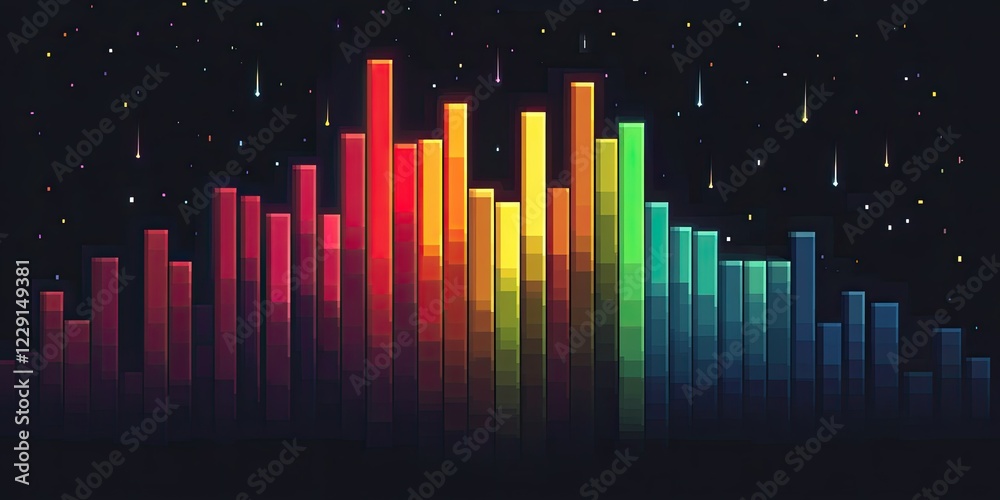 8-bit rainbow, 2D video game graphics, horizontal bar graph with a ...