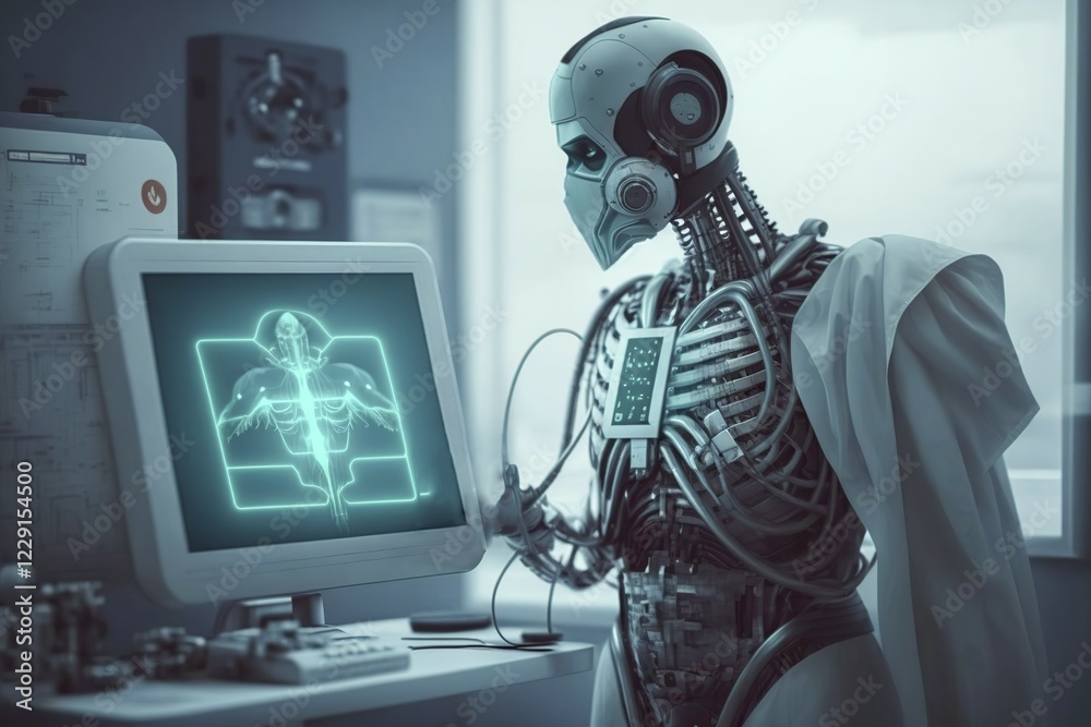 Symbol image, artificial intelligence as a humanoid robot working as a ...