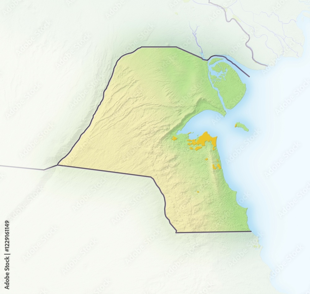 Kuwait, shaded relief map, Asia Stock Illustration | Adobe Stock