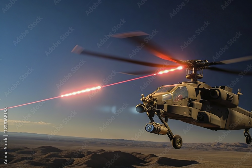 Combat helicopter fires laser cannon at a target, energy weapon in use ...