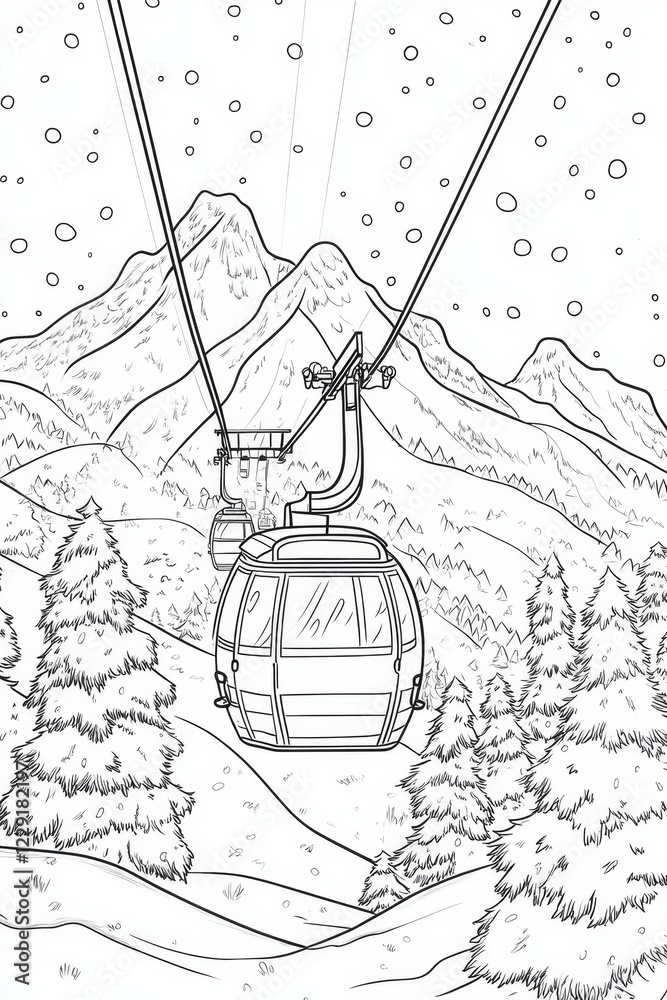 Snowy Mountain Landscape with Cable Car Coloring Page . Children ...