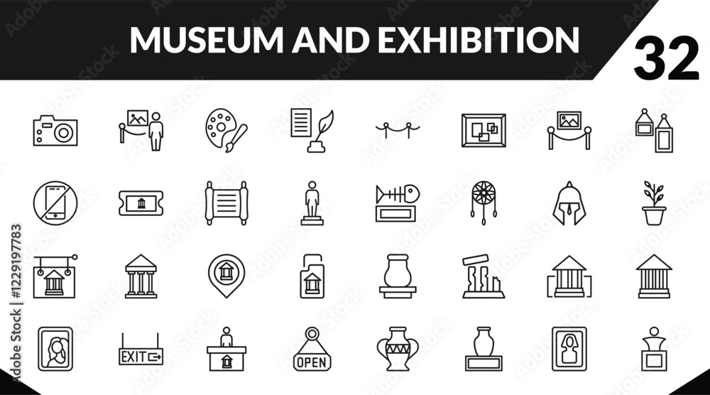 outline museum and exhibition icons set. editable linear excursion ...