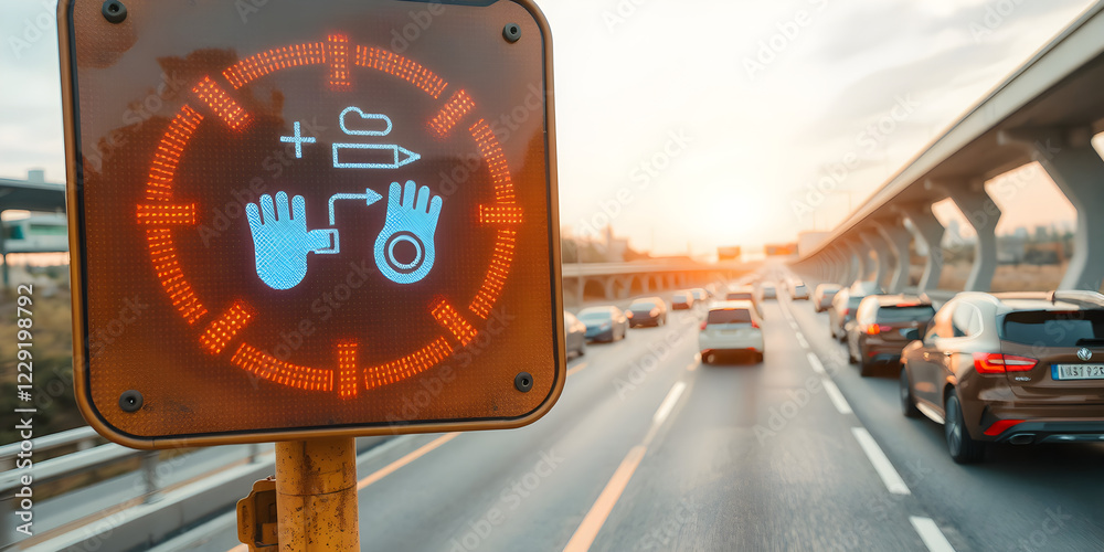 A macro view of a digital traffic sign displaying futuristic symbols ...