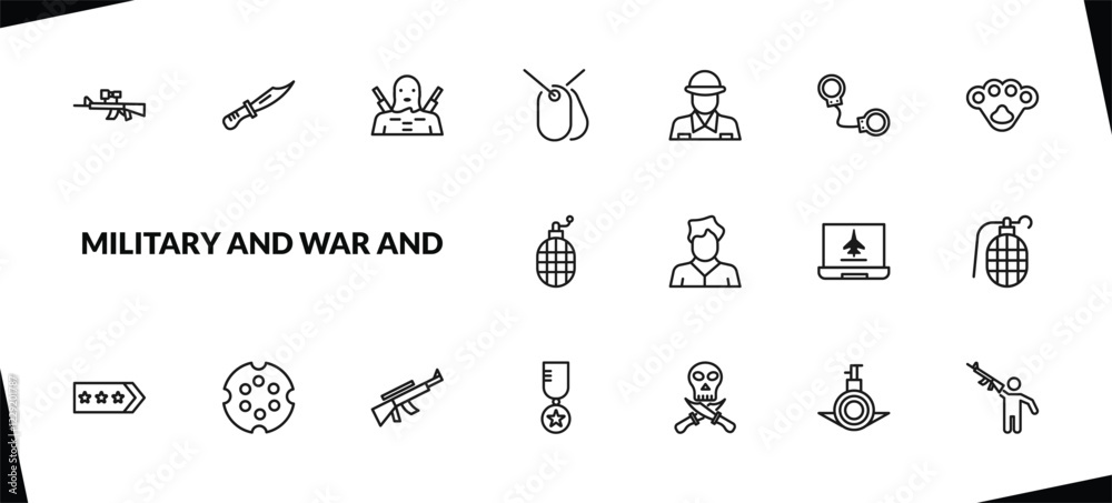 outline military and war and icons set. editable linear combat knife ...
