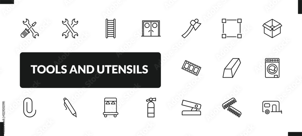 outline tools and utensils icons set. editable linear cross wrench ...