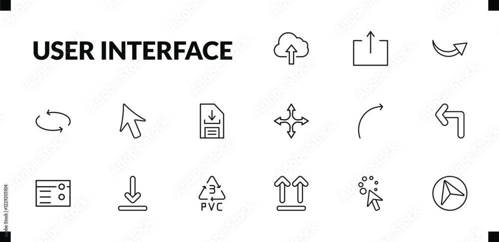 outline user interface icons set. editable linear export button, curved arrows, replay arrows ...