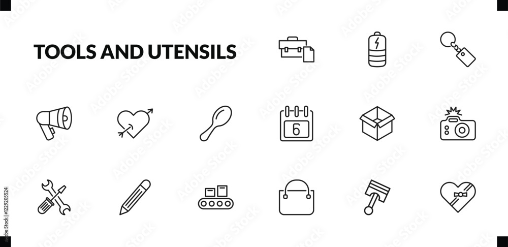 outline tools and utensils icons set. editable linear charged battery ...