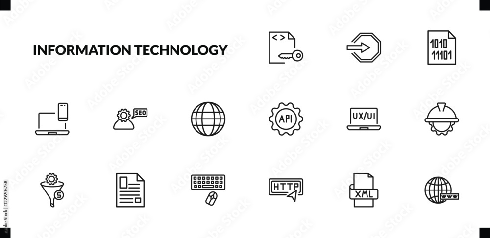outline information technology icons set. editable linear login, binary ...