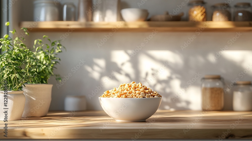 Blank cereal box mockup in a cozy kitchen setting, with a bowl of ...