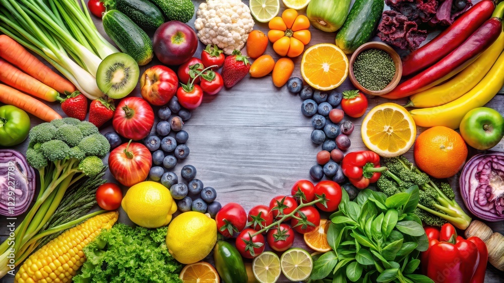 Colorful array of nutritious fruits and vegetables arranged in a ...