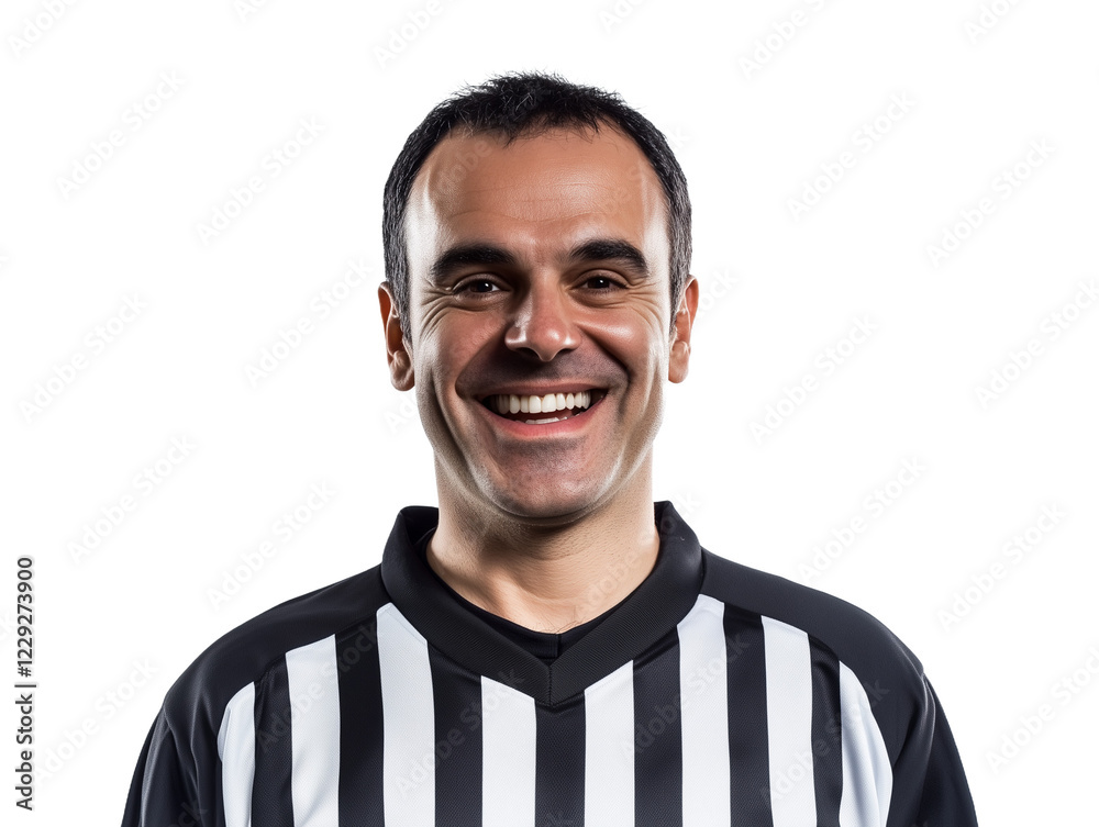 Referee Smiling Confidently While Wearing a Black and White Striped ...
