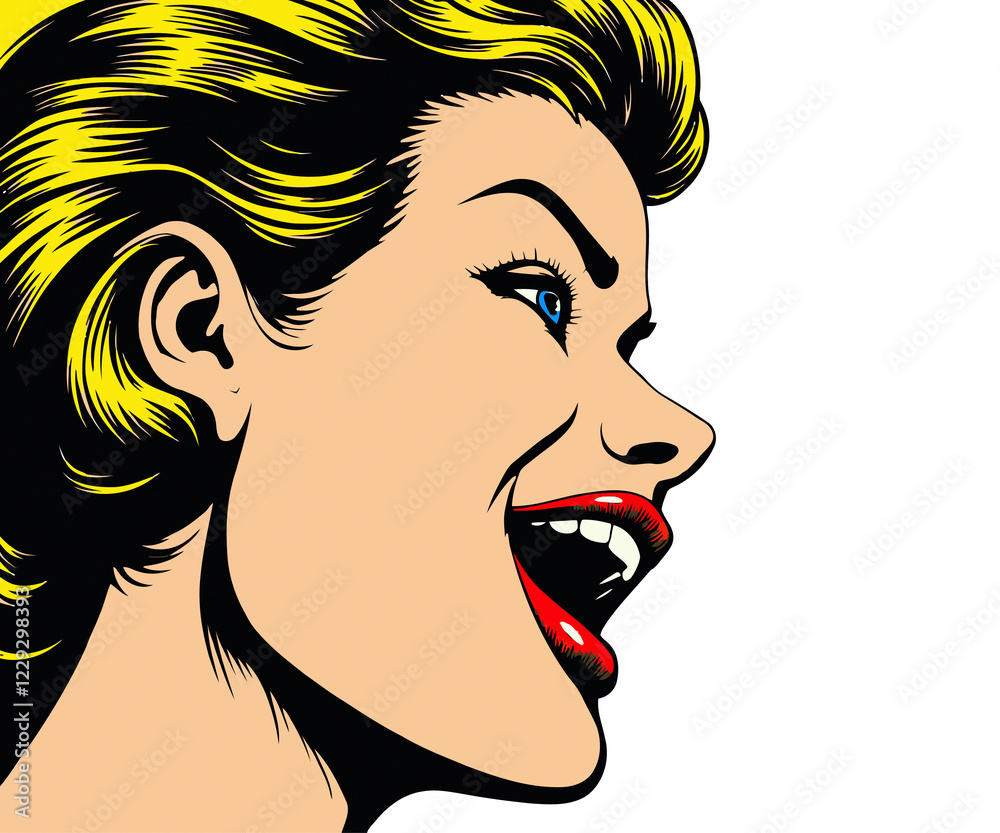 Retro pop art woman's face in profile, isolated. Comic book style with ...