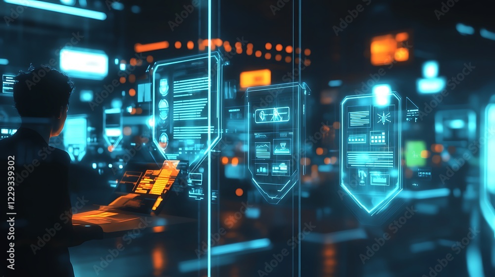 A high-tech depiction of marketers using online tools, with holographic ...