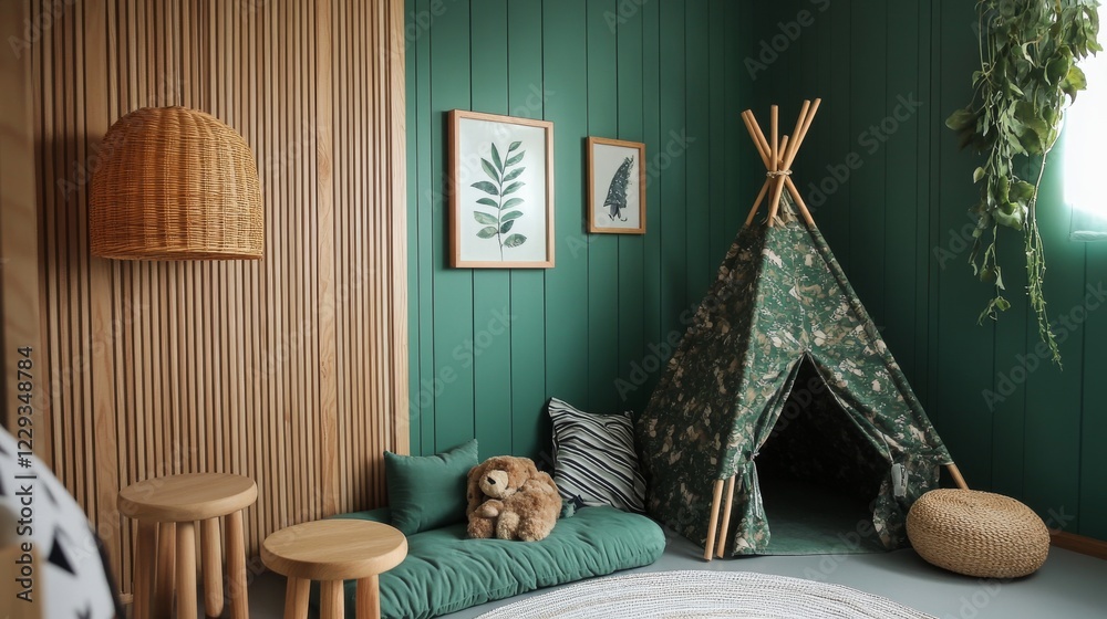 woodland inspired boys room, emerald green painted walls, timber slat ...