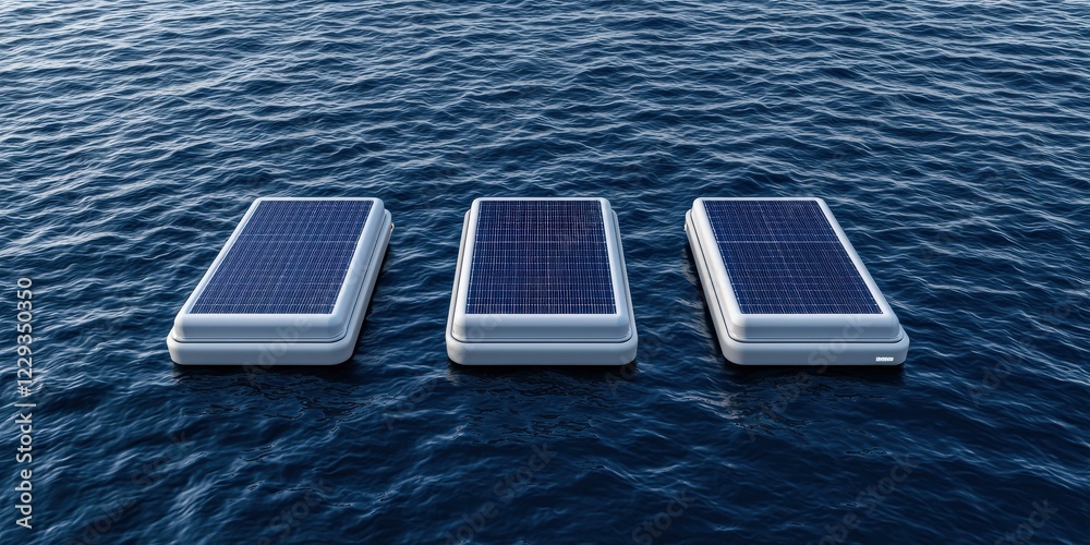 battery storage power management concept. Three floating solar panels on calm water, harnessing ...