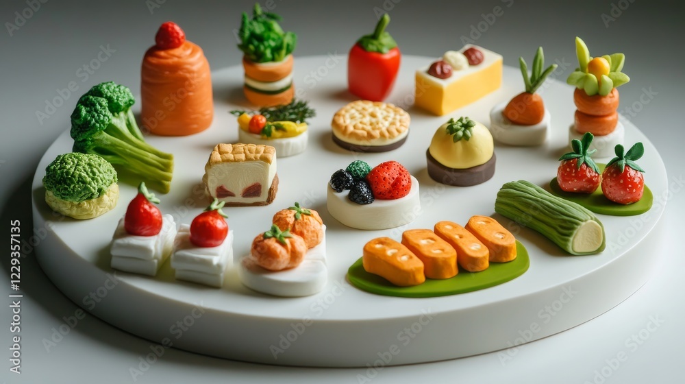 creative clay food presentation, floating white circular stage ...