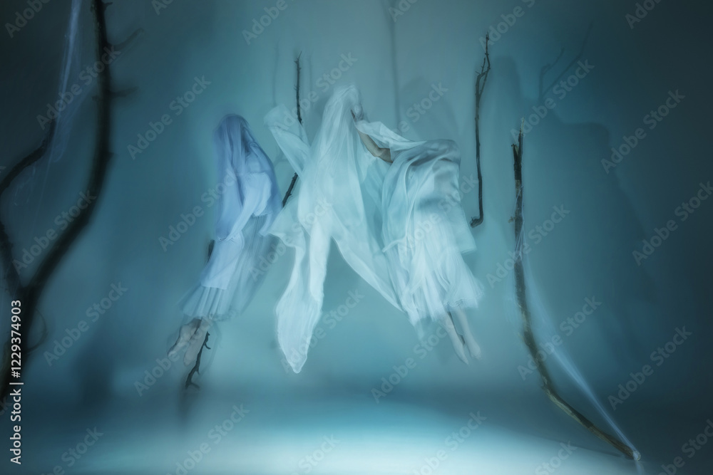 Ghost like ballerina dancing in weightless motion, lost between realms ...