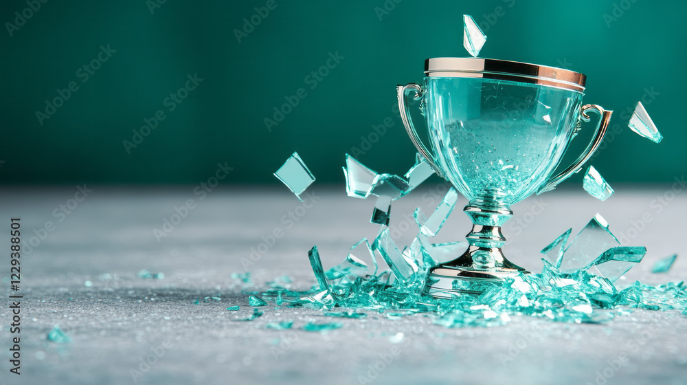 A detailed macro photograph of a shattered glass trophy on a concrete ...
