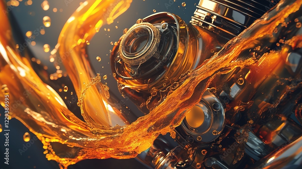 3d car engine working. Motorcycle concept with splash and flow of oil ...