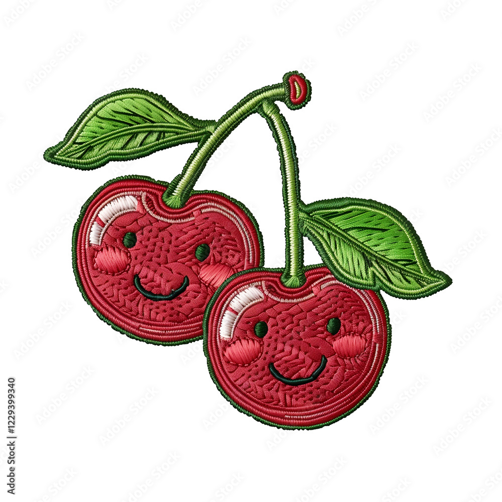 Adorable embroidered cherries illustration with smiling faces, vibrant ...