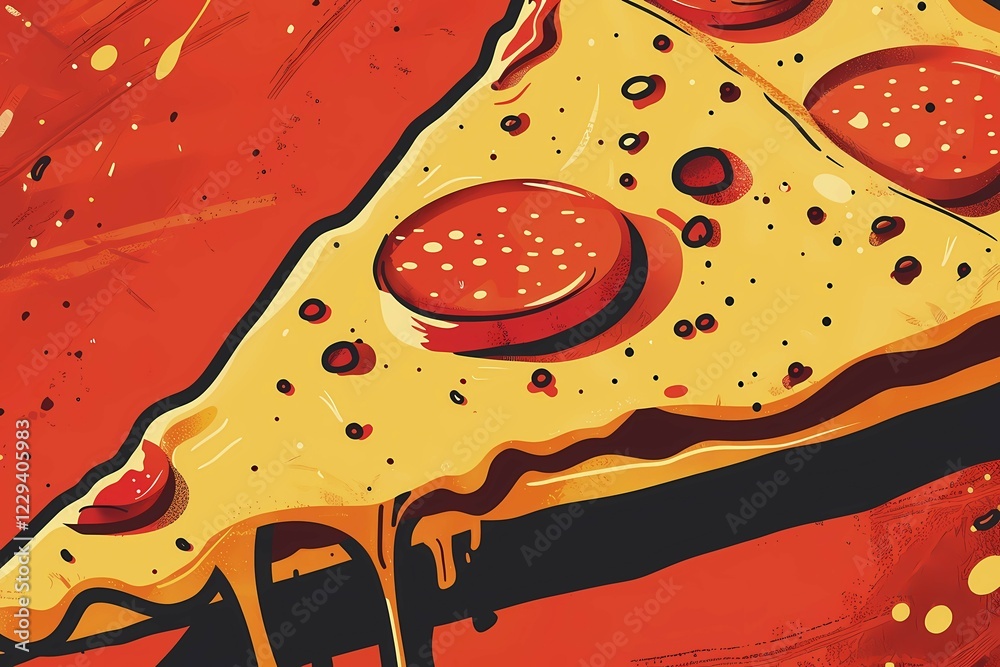 Stylized image of a melting cheese pepperoni pizza slice on a red ...