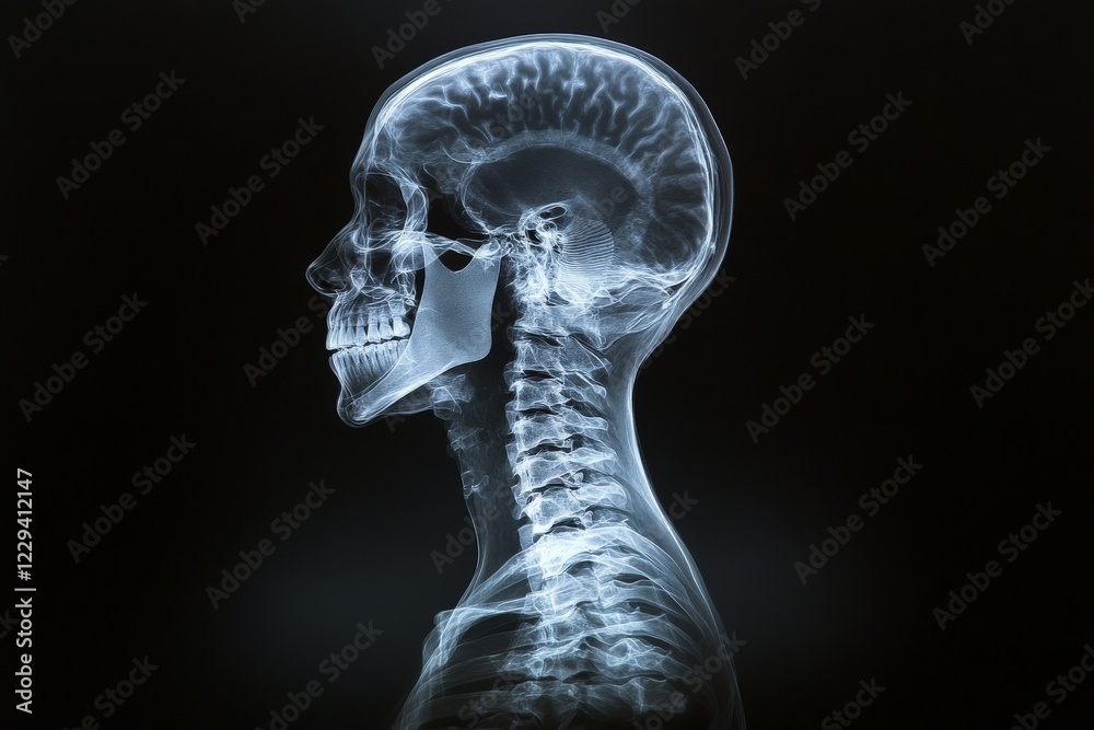 Detailed X-ray of a human skull and spinal column showing the inner ...