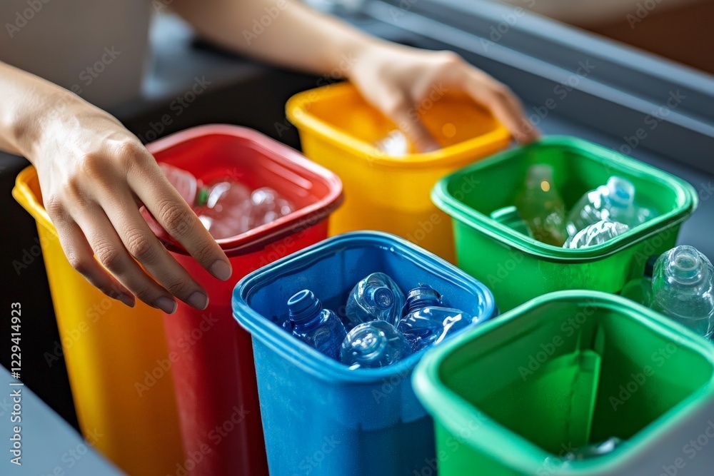 Sorting recyclable bottles into color-coded bins for environmental ...