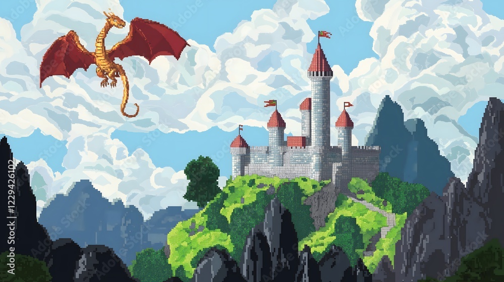 Magical Medieval Castle Pixel Art Fantasy Landscape with Red Dragon ...