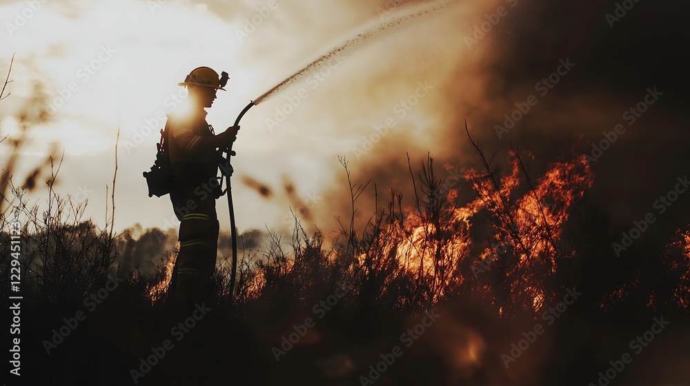 Dramatic Firefighter Silhouette Against Wildfire Flames Emergency ...