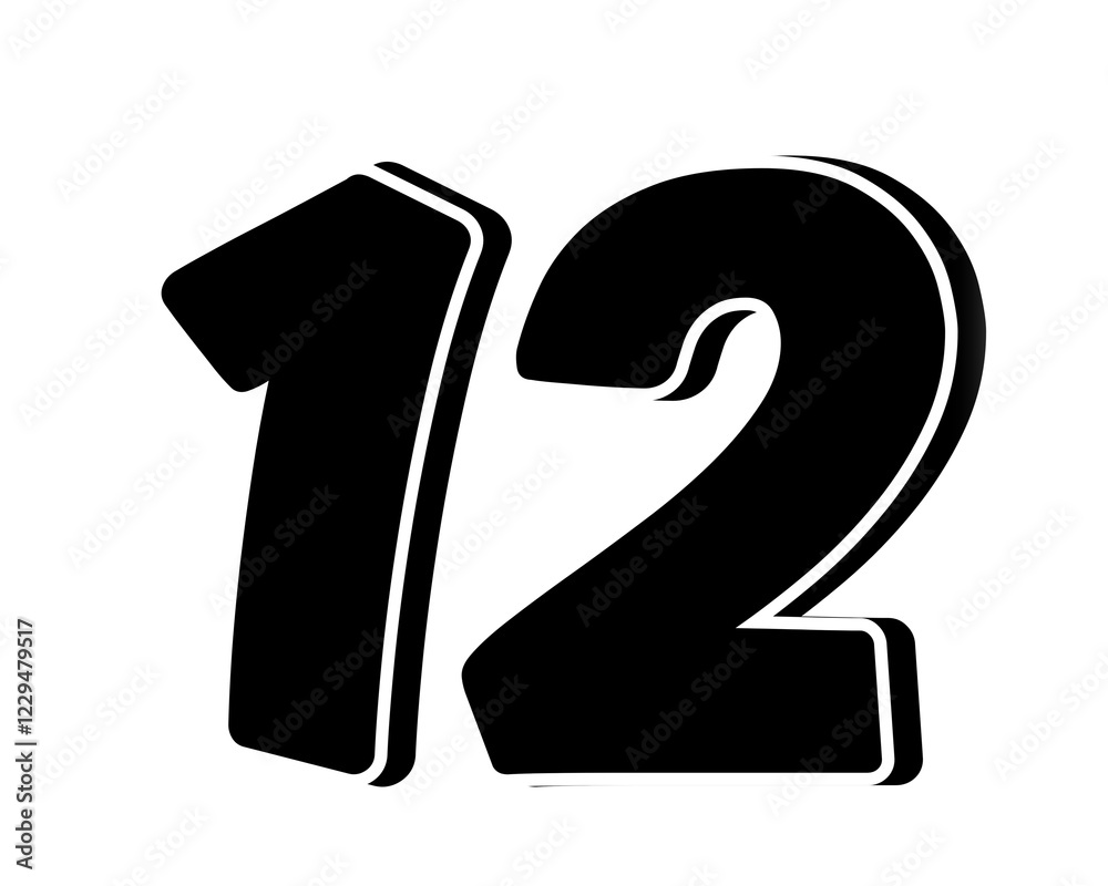 Stylized black number 12 on transparent background, with a bold, 3D ...