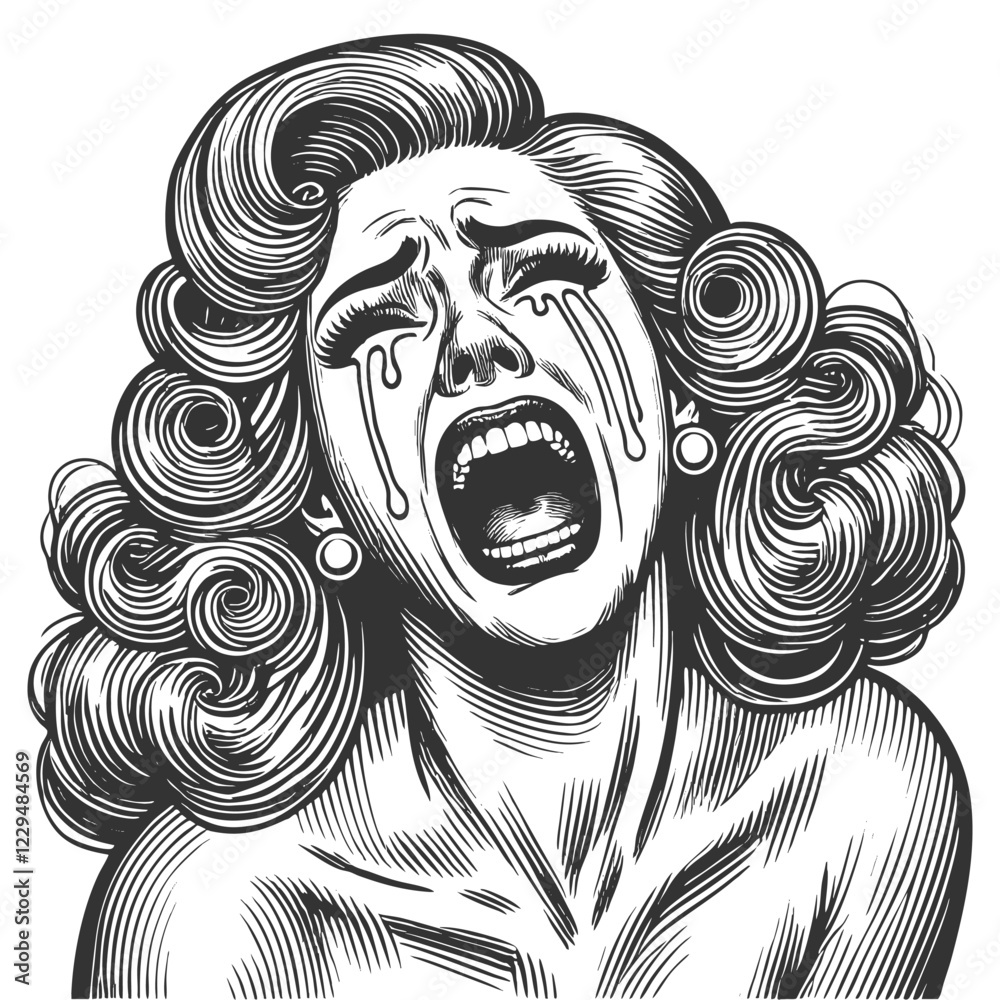 distressed woman with voluminous hair, crying intensely with tears ...