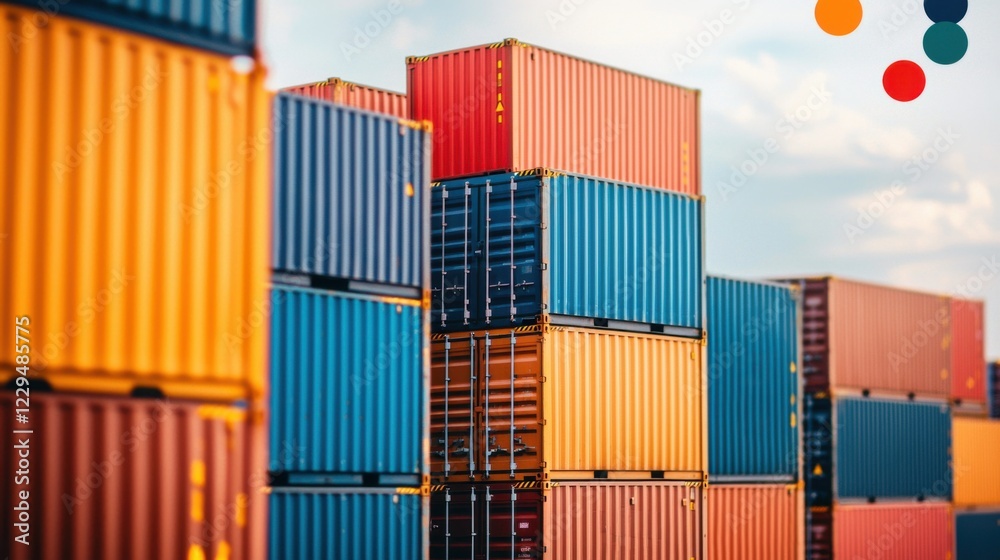 Colorful shipping containers stacked at a port, under a clear sky. An ...
