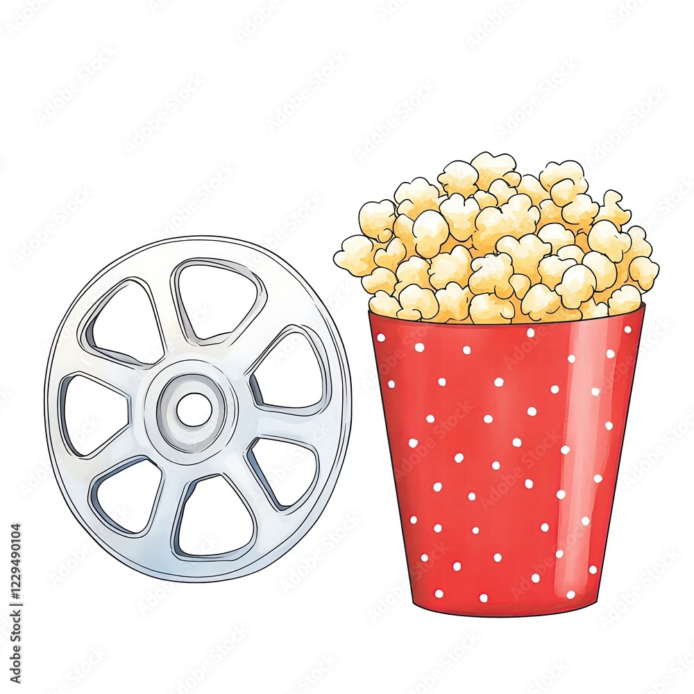 Movie night theme with a popcorn bucket and a film reel, cozy and ...