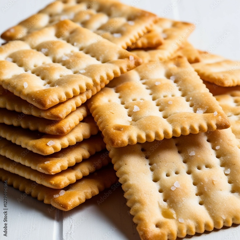 "Stack of square-shaped salted crackers with a golden-brown crispy ...