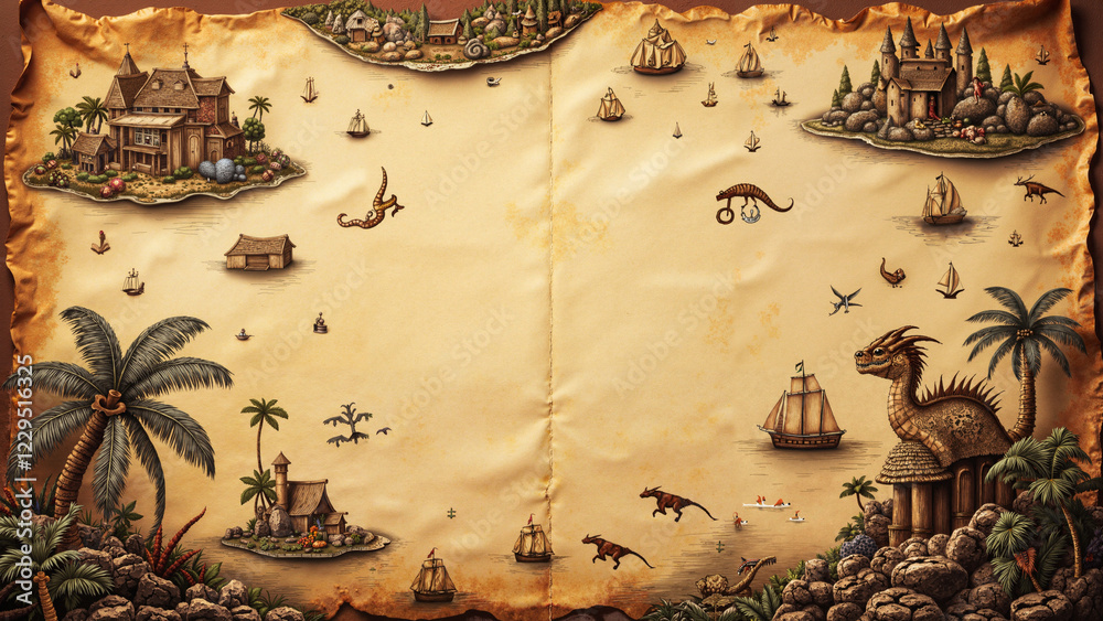 Vintage Treasure Map Background with Mythical Sea Monsters and Lush ...
