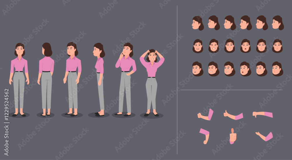 A woman character design model sheet with different poses and ...