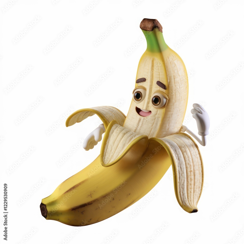 a cheerful, anthropomorphic banana with a wide smile. It's half-peeled ...