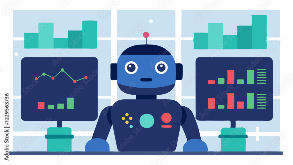 Trading Strategy Simulation A robot sitting in front of a screen filled ...