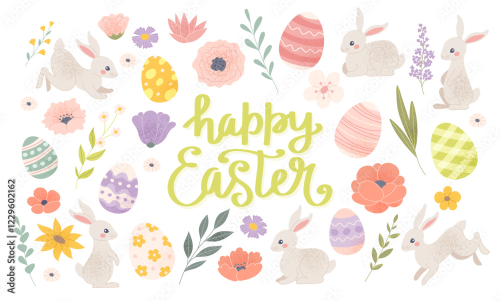Happy Easter elements collection, cute festive bunnies, eggs and flowers. Vector illustration in ...