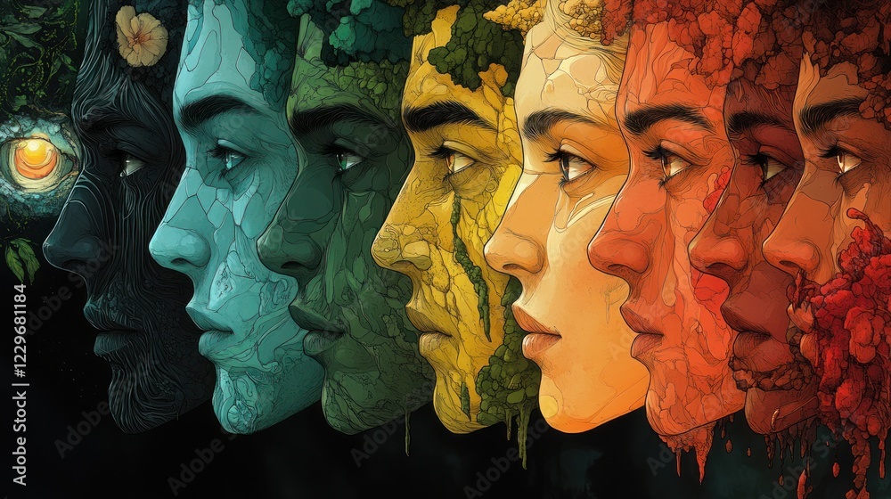 Seven stylized portraits in profile, each representing a different ...