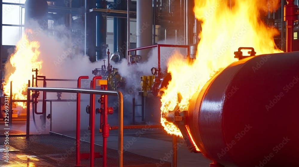 Industrial gas fire suppression system being activated, labeled diagram ...