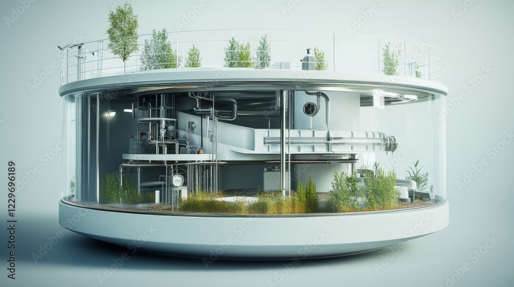 Multi-chamber wastewater treatment tank, cutaway view, realistic ...