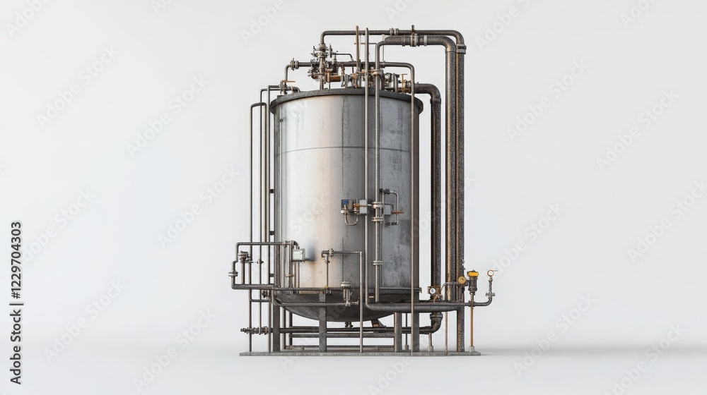 Water tower model with industrial piping and pump system, clean ...