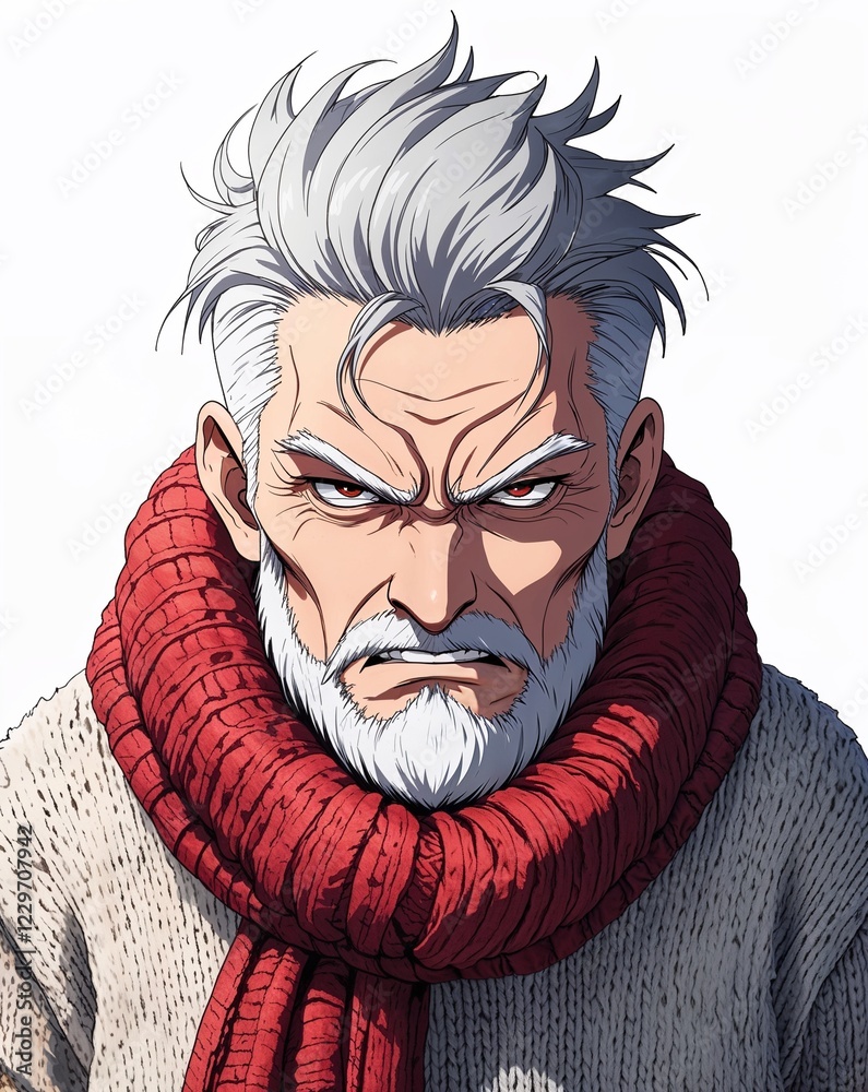 elderly male angry buzz cut cozy sweater and scarf anime style on plain ...