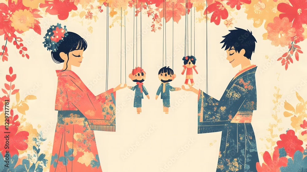 An artistic flat illustration celebrating World Puppetry Day, featuring ...