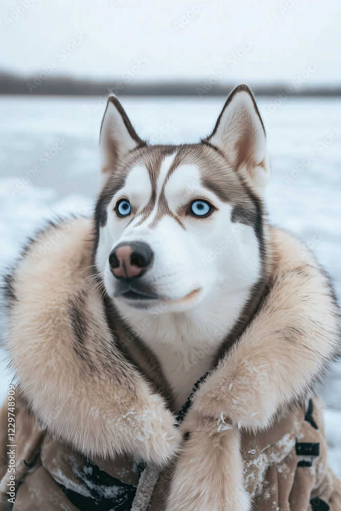 Beautiful Siberian Husky with striking blue eyes poses in snowy winter ...